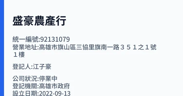 盛豪農產行的照片-統編 92131079(高雄市) 公司登記資料與營業項目詳細圖表