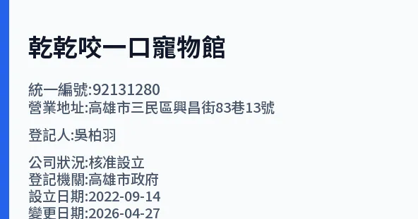 乾乾咬一口寵物館的照片-統編 92131280(高雄市) 公司登記資料與營業項目詳細圖表