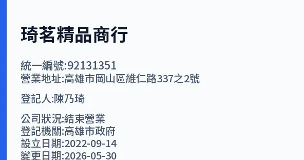 琦茗精品商行的照片-統編 92131351(高雄市) 公司登記資料與營業項目詳細圖表