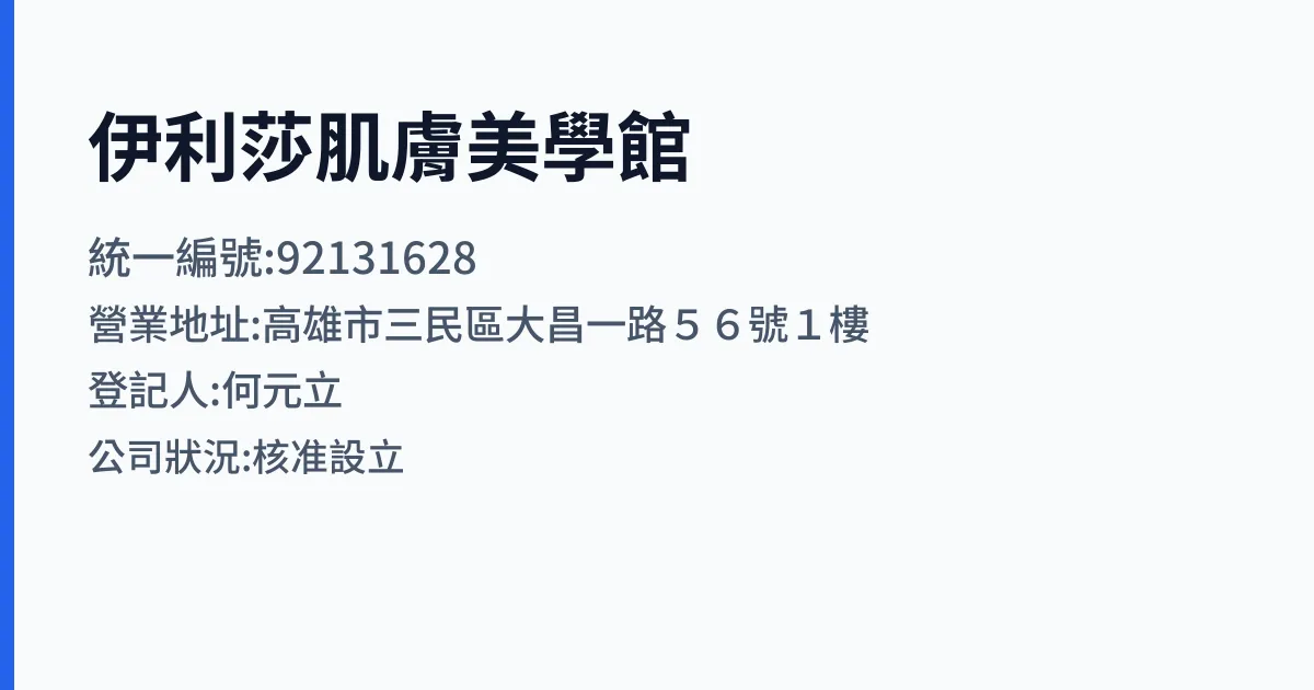伊利莎肌膚美學館 - 統編 92131628(高雄市) 公司登記資料與營業項目詳細圖表