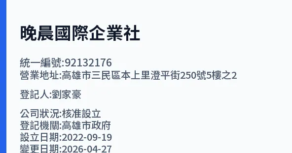 晚晨國際企業社的照片-統編 92132176(高雄市) 公司登記資料與營業項目詳細圖表