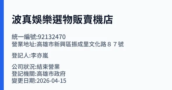 波真娛樂選物販賣機店的照片-統編 92132470(高雄市) 公司登記資料與營業項目詳細圖表