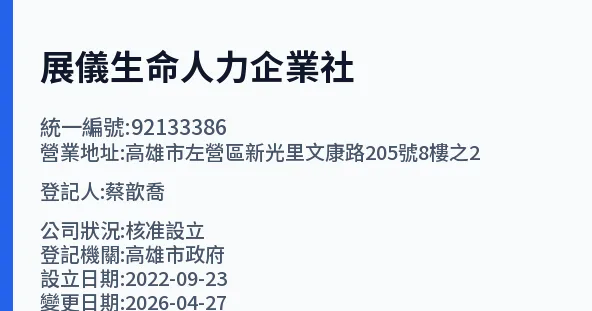 展儀生命人力企業社的照片-統編 92133386(高雄市) 公司登記資料與營業項目詳細圖表