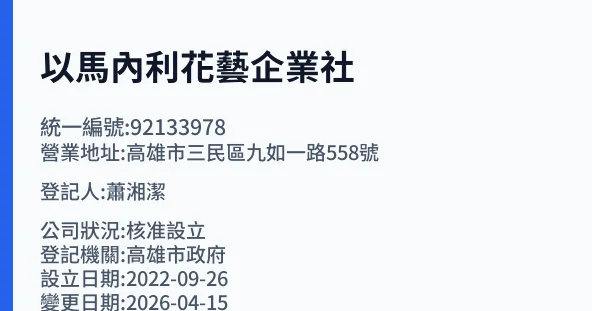 以馬內利花藝企業社的照片-統編 92133978(高雄市) 公司登記資料與營業項目詳細圖表