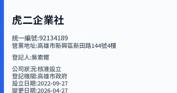 虎二企業社的照片-統編 92134189(高雄市) 公司登記資料與營業項目詳細圖表