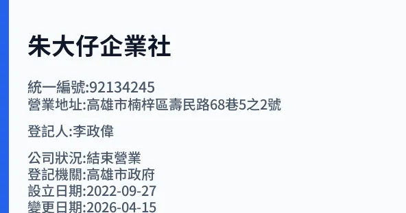 朱大仔企業社的照片-統編 92134245(高雄市) 公司登記資料與營業項目詳細圖表