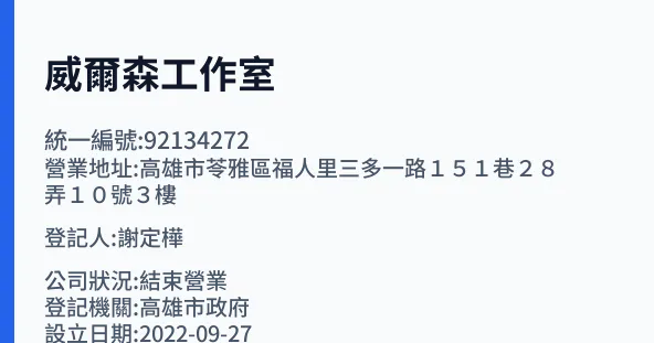 威爾森工作室的照片-統編 92134272(高雄市) 公司登記資料與營業項目詳細圖表