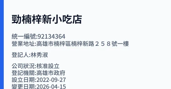 勁楠梓新小吃店的照片-統編 92134364(高雄市) 公司登記資料與營業項目詳細圖表