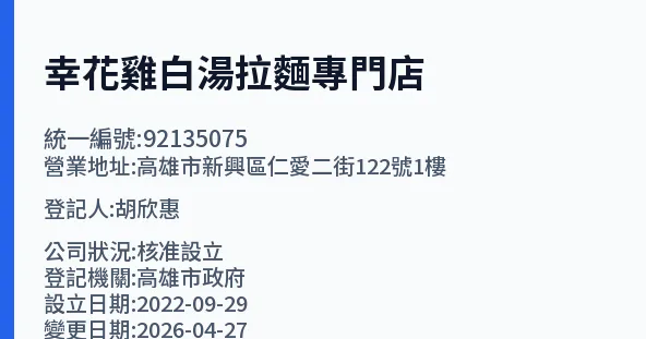 幸花雞白湯拉麵專門店的照片-統編 92135075(高雄市) 公司登記資料與營業項目詳細圖表