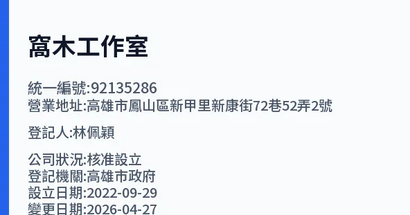 窩木工作室的照片-統編 92135286(高雄市) 公司登記資料與營業項目詳細圖表