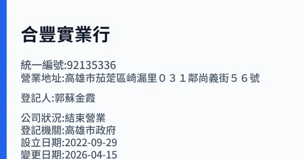 合豐實業行的照片-統編 92135336(高雄市) 公司登記資料與營業項目詳細圖表