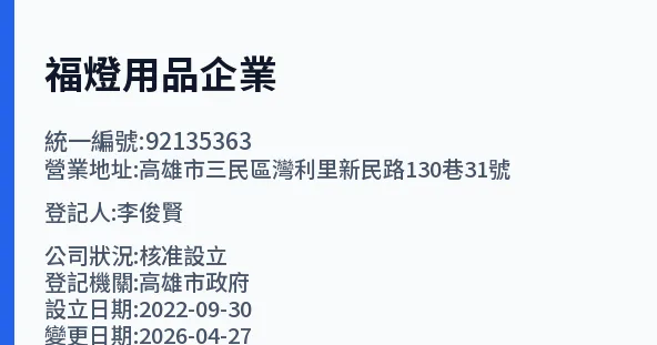 福燈用品企業的照片-統編 92135363(高雄市) 公司登記資料與營業項目詳細圖表