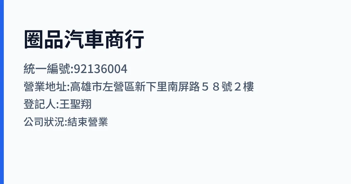 圈品汽車商行 - 統編 92136004(高雄市) 公司登記資料與營業項目詳細圖表
