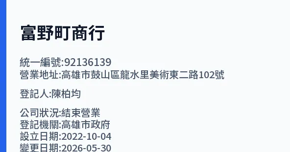 富野町商行的照片-統編 92136139(高雄市) 公司登記資料與營業項目詳細圖表