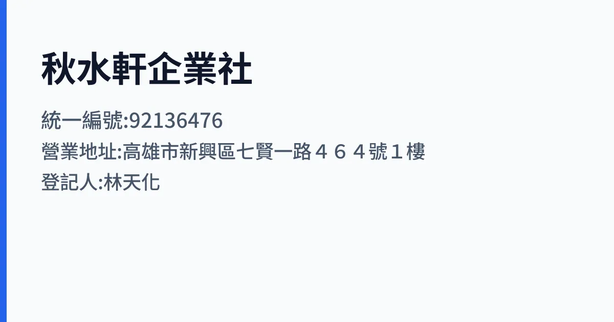 秋水軒企業社 - 統編 92136476（高雄市） 公司登記資料與營業項目詳細圖表