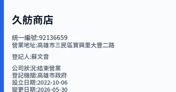 久舫商店的照片-統編 92136659(高雄市) 公司登記資料與營業項目詳細圖表