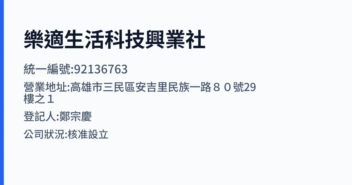 樂適生活科技興業社 - 統編 92136763(高雄市) 公司登記資料與營業項目詳細圖表