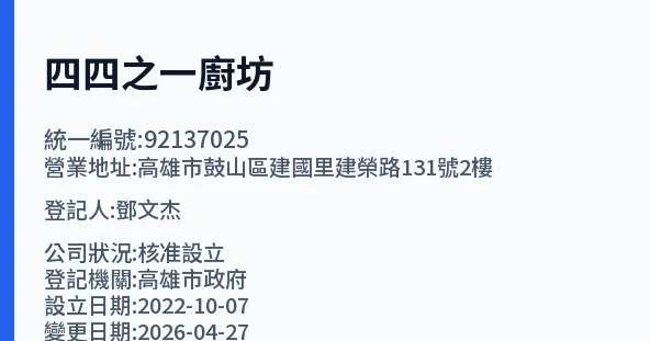 四四之一廚坊的照片-統編 92137025(高雄市) 公司登記資料與營業項目詳細圖表
