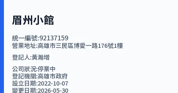 眉州小館的照片-統編 92137159(高雄市) 公司登記資料與營業項目詳細圖表