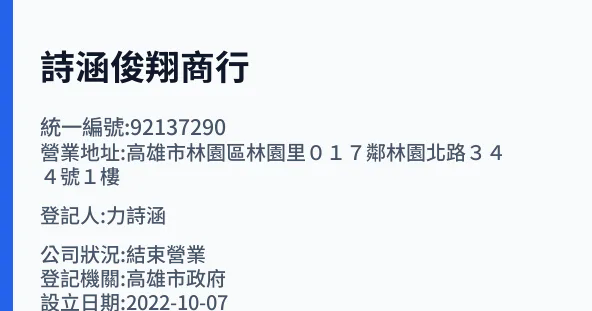 詩涵俊翔商行的照片-統編 92137290(高雄市) 公司登記資料與營業項目詳細圖表
