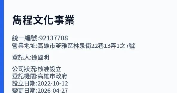 雋程文化事業的照片-統編 92137708(高雄市) 公司登記資料與營業項目詳細圖表