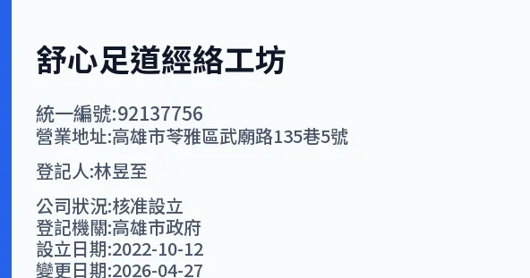 舒心足道經絡工坊的照片-統編 92137756(高雄市) 公司登記資料與營業項目詳細圖表