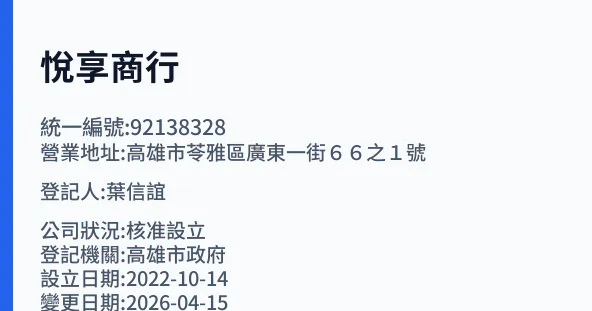 悅享商行的照片-統編 92138328(高雄市) 公司登記資料與營業項目詳細圖表