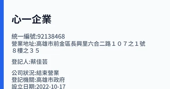 心一企業的照片-統編 92138468(高雄市) 公司登記資料與營業項目詳細圖表
