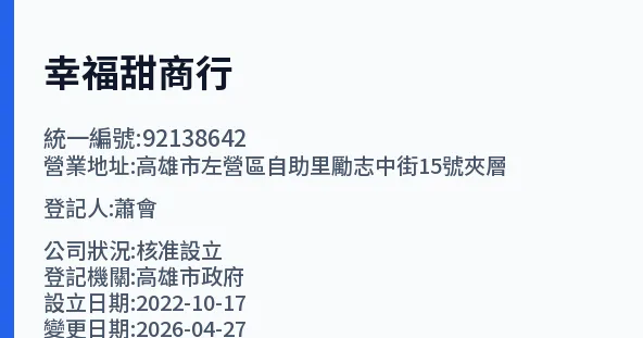 幸福甜商行的照片-統編 92138642(高雄市) 公司登記資料與營業項目詳細圖表