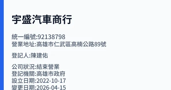 宇盛汽車商行的照片-統編 92138798(高雄市) 公司登記資料與營業項目詳細圖表