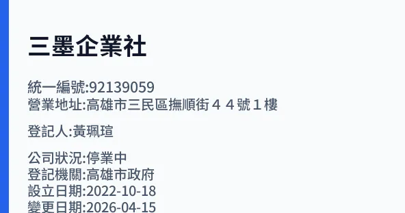 三墨企業社的照片-統編 92139059(高雄市) 公司登記資料與營業項目詳細圖表