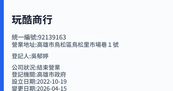 玩酷商行的照片-統編 92139163(高雄市) 公司登記資料與營業項目詳細圖表