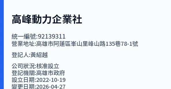 高峰動力企業社的照片-統編 92139311(高雄市) 公司登記資料與營業項目詳細圖表