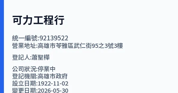 可力工程行的照片-統編 92139522(高雄市) 公司登記資料與營業項目詳細圖表