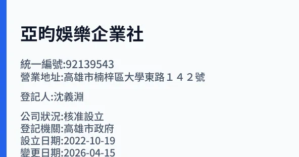 亞昀娛樂企業社的照片-統編 92139543(高雄市) 公司登記資料與營業項目詳細圖表