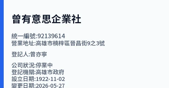 曾有意思企業社的照片-統編 92139614(高雄市) 公司登記資料與營業項目詳細圖表