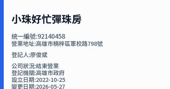 小珠好忙彈珠房的照片-統編 92140458(高雄市) 公司登記資料與營業項目詳細圖表