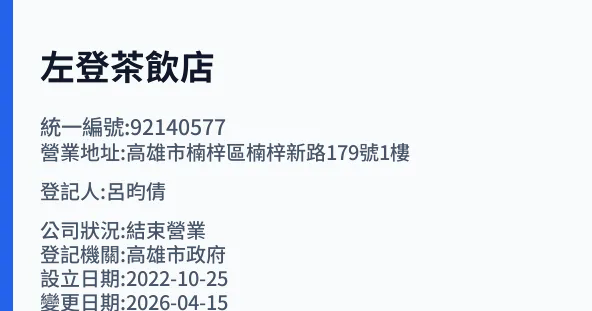 左登茶飲店的照片-統編 92140577(高雄市) 公司登記資料與營業項目詳細圖表