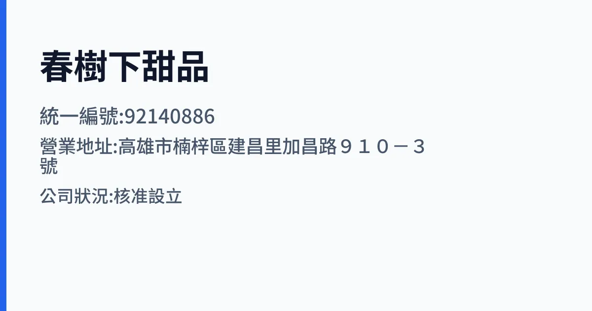 春樹下甜品 - 統編 92140886(高雄市) 公司登記資料與營業項目詳細圖表