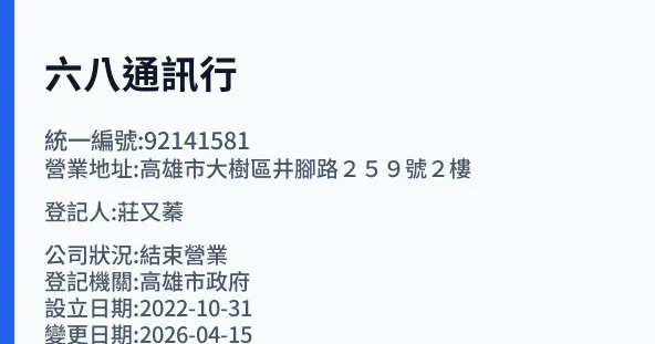 六八通訊行的照片-統編 92141581(高雄市) 公司登記資料與營業項目詳細圖表