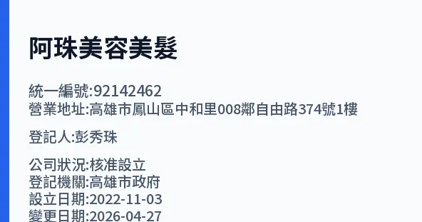 阿珠美容美髮的照片-統編 92142462(高雄市) 公司登記資料與營業項目詳細圖表