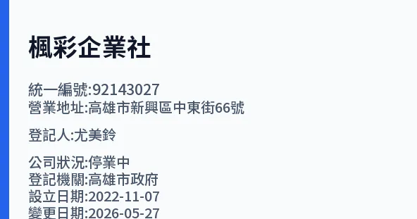 楓彩企業社的照片-統編 92143027(高雄市) 公司登記資料與營業項目詳細圖表