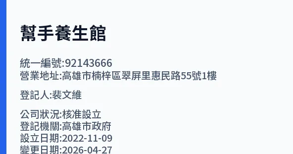 幫手養生館的照片-統編 92143666(高雄市) 公司登記資料與營業項目詳細圖表