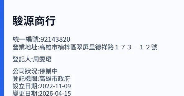駿源商行的照片-統編 92143820(高雄市) 公司登記資料與營業項目詳細圖表