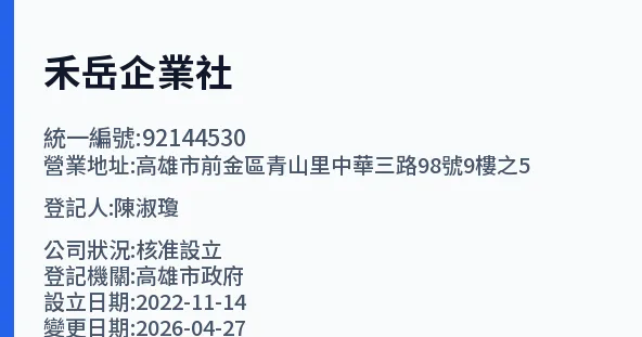 禾岳企業社的照片-統編 92144530(高雄市) 公司登記資料與營業項目詳細圖表