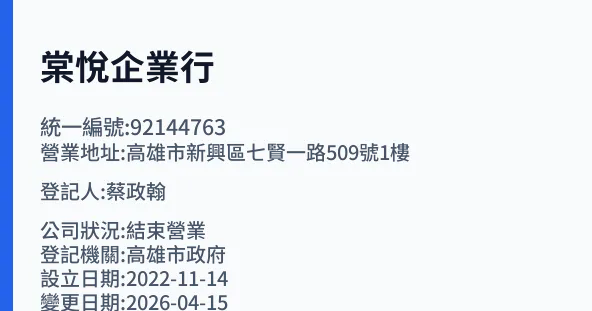 棠悅企業行的照片-統編 92144763(高雄市) 公司登記資料與營業項目詳細圖表
