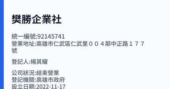 樊勝企業社的照片-統編 92145741(高雄市) 公司登記資料與營業項目詳細圖表