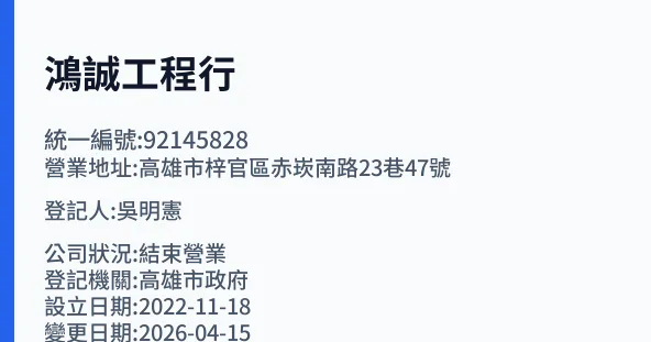 鴻誠工程行的照片-統編 92145828(高雄市) 公司登記資料與營業項目詳細圖表
