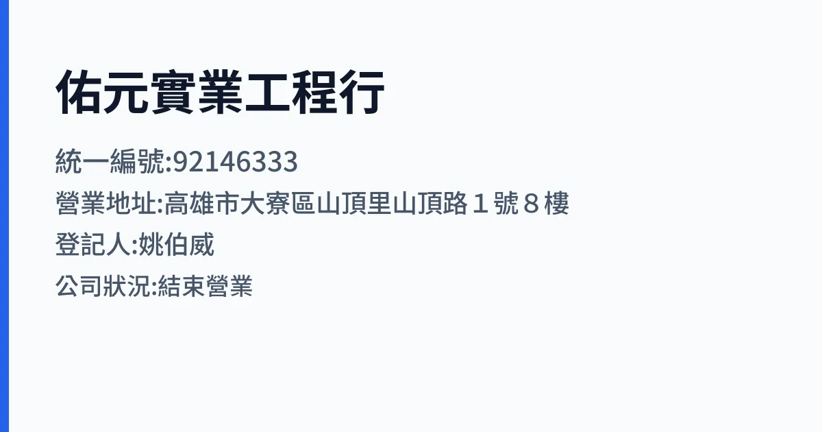 佑元實業工程行 - 統編 92146333(高雄市) 公司登記資料與營業項目詳細圖表