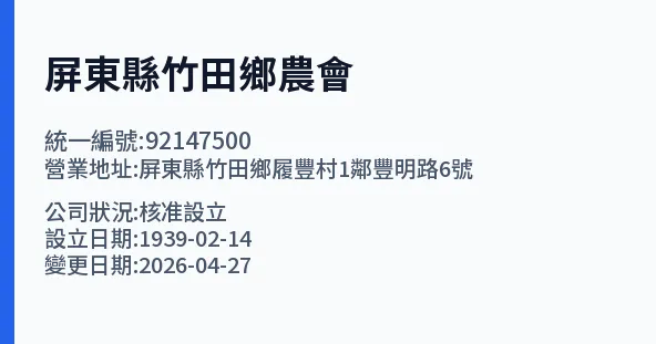 屏東縣竹田鄉農會的照片-統編 92147500(屏東縣) 公司登記資料與營業項目詳細圖表